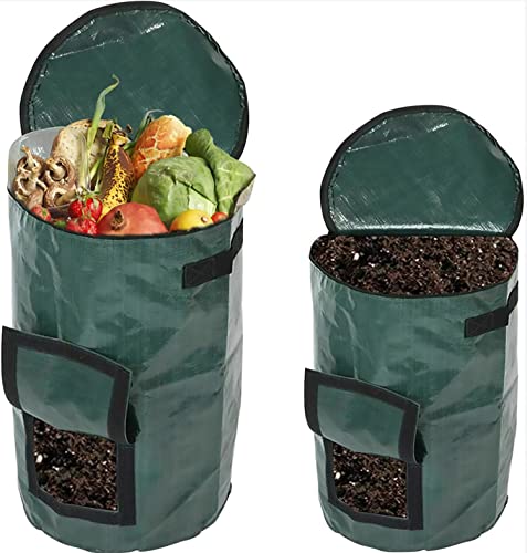 Garden Compost Bag, Outdoor Compost, Reusable Garden Waste Bag with Lid, Collapsible Leaf Lawn Bags (2 Pack 15 Gallon/34 Gallon Multifunction Gardening Container) Green