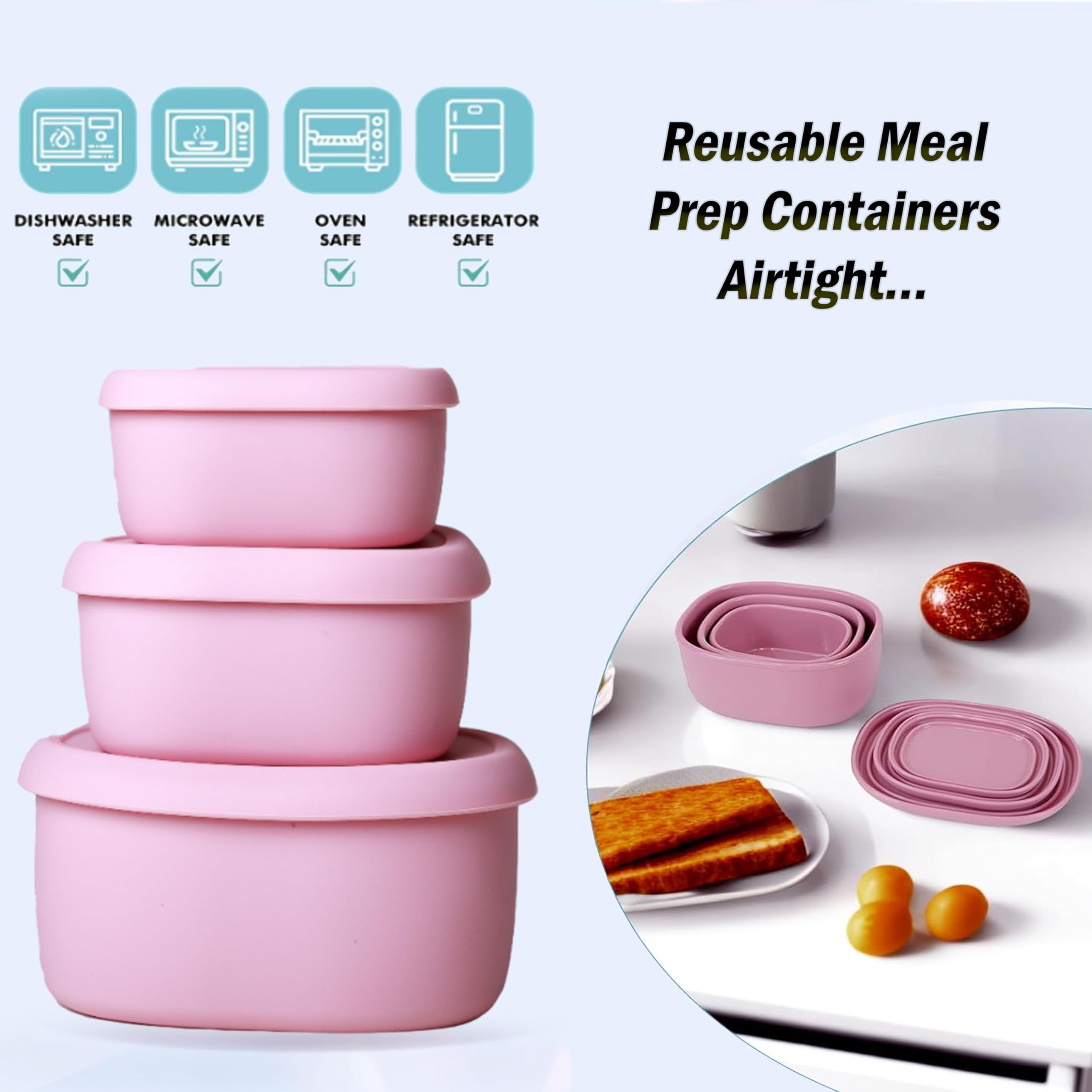 Nesting Silicon Storage Containers with Lids β Set of 3 Nesting food storage containers, Food Reusable Meal Prep, Airtight, Dishwasher and Freezer Safe (90g, 155g, 257g) Pink
