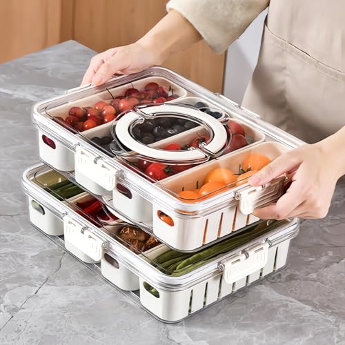 Snackle Box Divided Serving Tray with Lid and Handle - Portable Picnic Parties Veggie Snack Boxes for Adults - Fruit Storage Containers for Fridge Keep Fresh - Berry Candy Food (4 Grids-2PC)