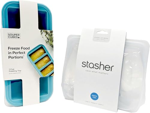 MightyNest 2 Piece Freezing Set | Souper Cubes 1 Cup Freezer Tray | Stasher Mega Silicone Bag | Reusable | Meal Prep | Portion Control | Dishwasher Safe | Oven Safe | Prevents Food Waste | Giftable