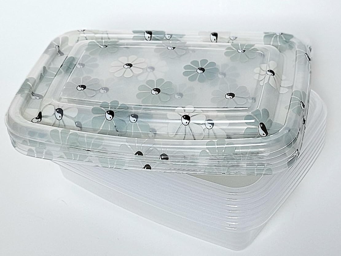Generic Floral YinYang Symbol Design Plastic Food Storage Containers, Set of 6 BPA Free Containers with Lids. 9 inches by 6 inches by 2 inches.
