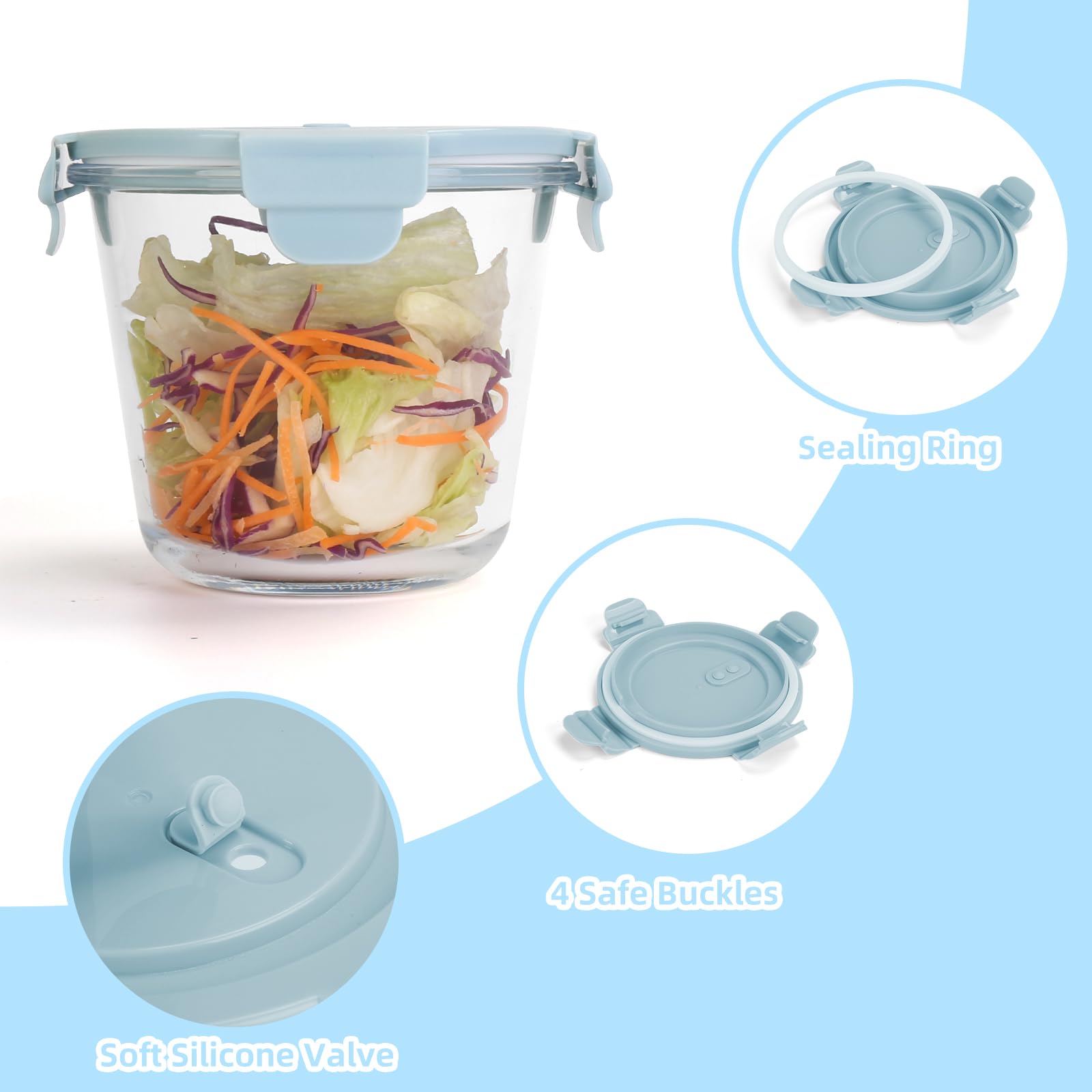 4 Pack Glass Meal Prep Containers with Airtight Lids, Leak-proof Round Storage Containers Set, Reusable Glass Soup Containers Overnight Oats Containers for Leftover, Soup, Fruit
