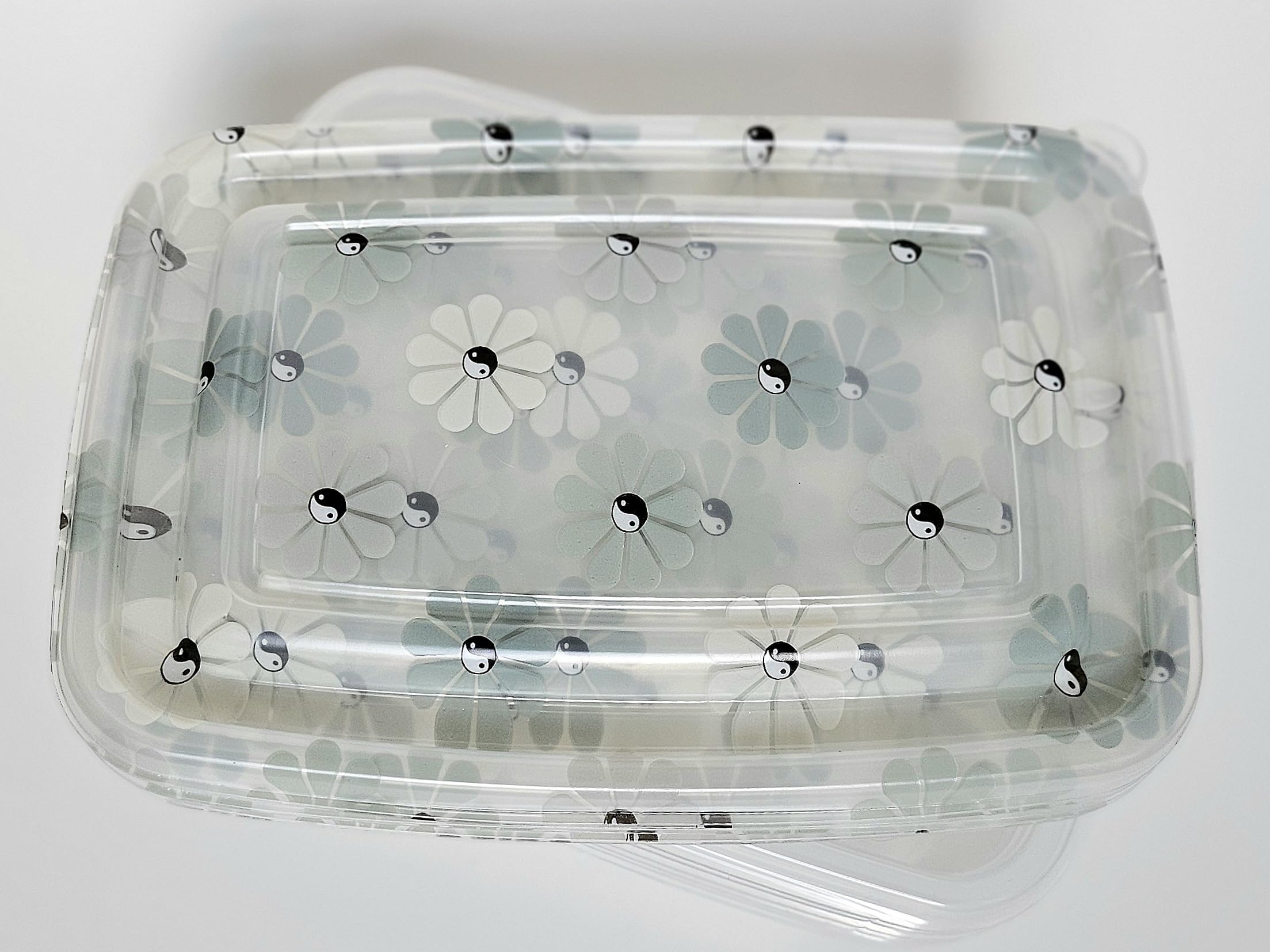 Generic Floral YinYang Symbol Design Plastic Food Storage Containers, Set of 6 BPA Free Containers with Lids. 9 inches by 6 inches by 2 inches.