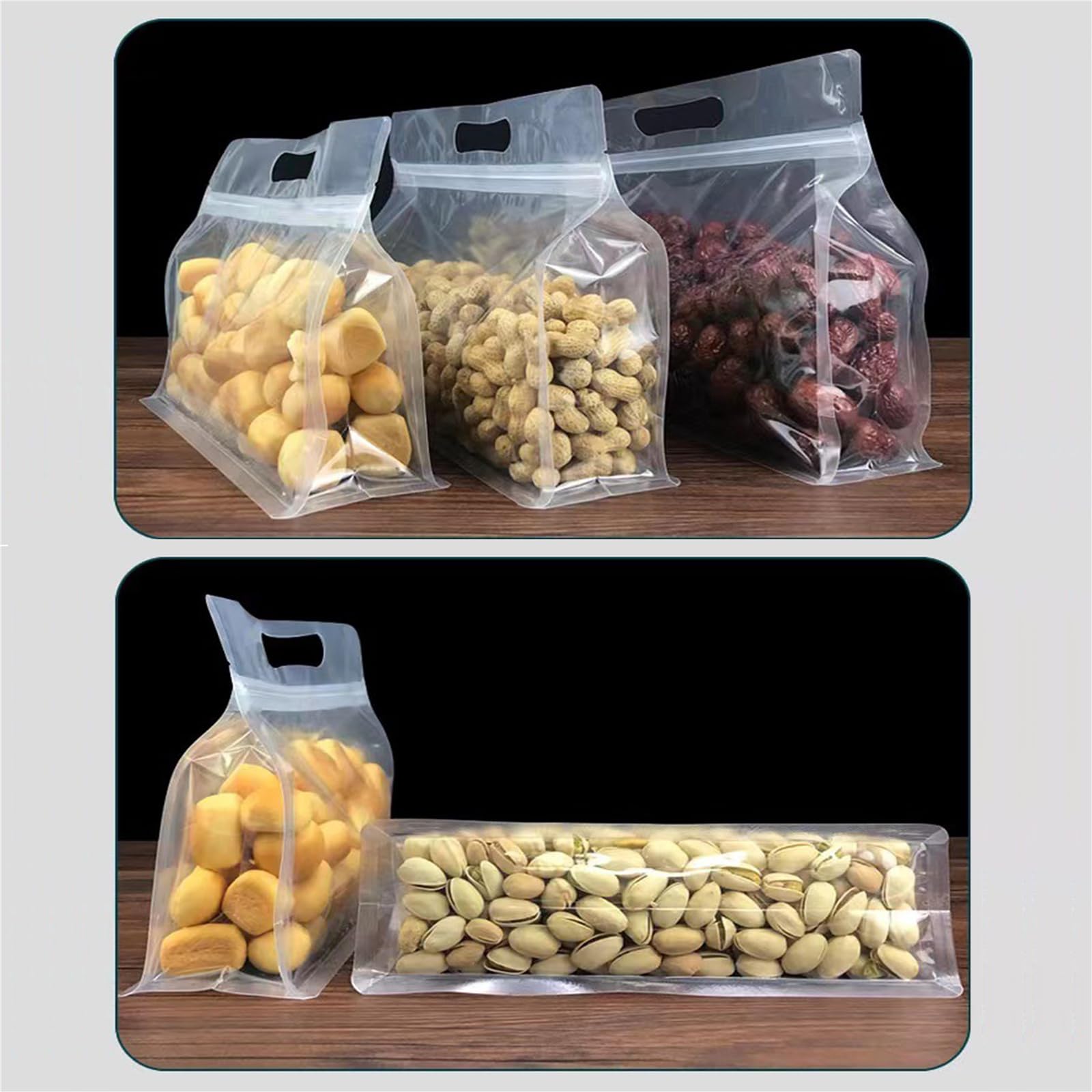 16Pack Transparent Plastic Flat Bottom Storage Bags with Carry Handle for Holding Food,Sealing Zipper Packaging Things Containers Convenient and Portable to Outing (13.78x11.8)