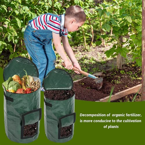 Garden Compost Bag, Outdoor Compost, Reusable Garden Waste Bag with Lid, Collapsible Leaf Lawn Bags (2 Pack 15 Gallon/34 Gallon Multifunction Gardening Container) Green