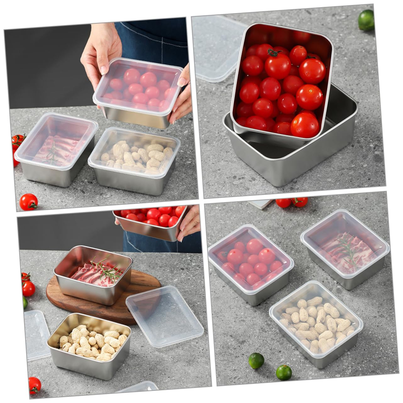 AUTSUPPL 4pcs Boxes Crisper Freezer Meal Prep Container Stainless Bread Lid Portable Refrigerator Fruit Containers for Fridge Keep Fresh Kimchi Container Sealing Food Boxes Stainless Steel