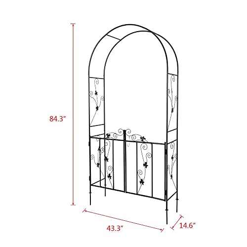 Outdoor Metal Garden Arbor Decorative Steel Garden Trellis Arch Stand with Gate, 8'H x 3.6'W, Black