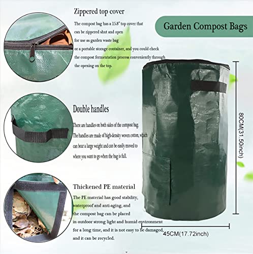 Garden Compost Bag, Outdoor Compost, Reusable Garden Waste Bag with Lid, Collapsible Leaf Lawn Bags (2 Pack 15 Gallon/34 Gallon Multifunction Gardening Container) Green