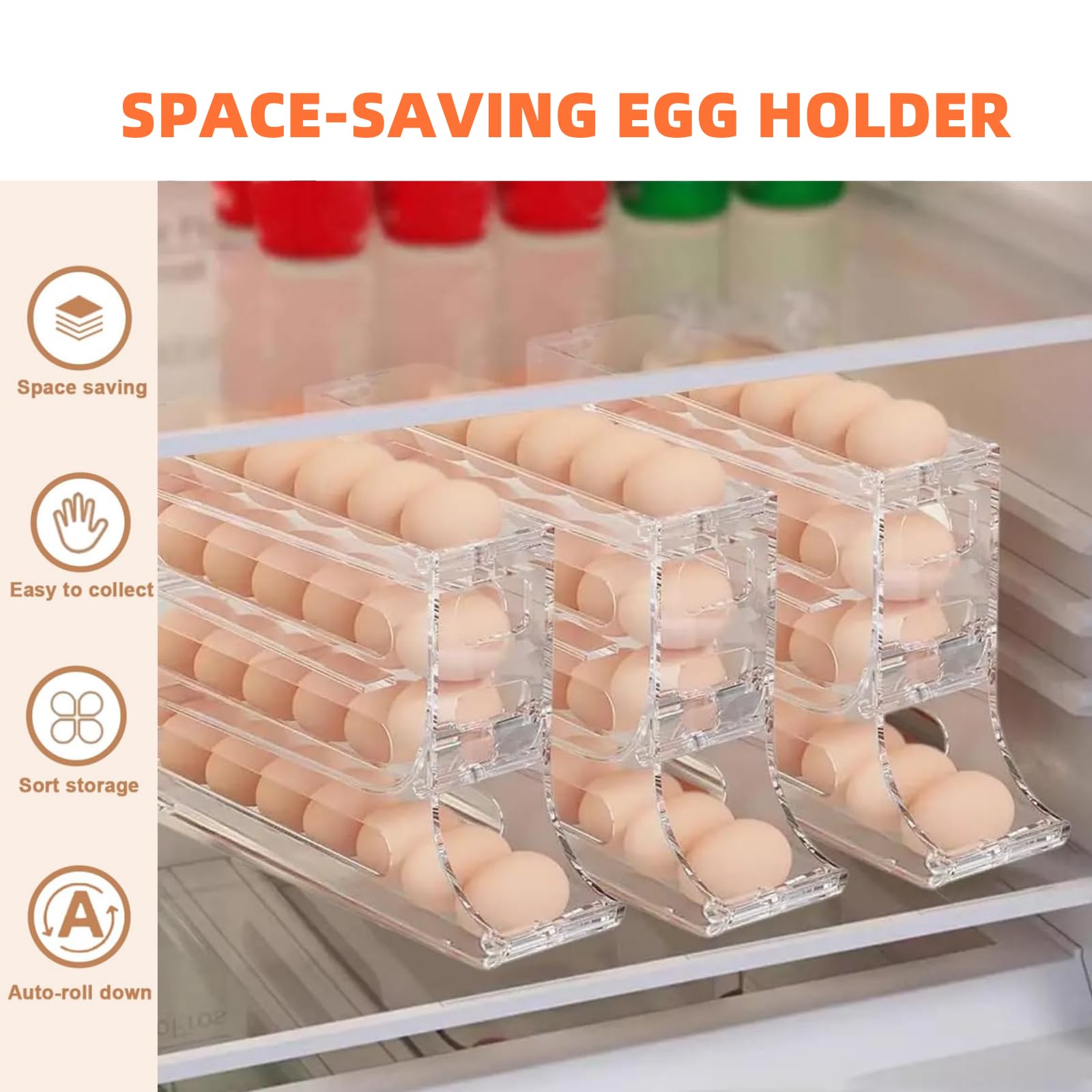 Lshnrd 4 Tiers Egg Holder for Fridge,Auto Rolling Egg Fridge Organizer,Space-Saving Egg Dispenser Holder for Refrigerator,Large Capacity Egg Storage Rack(Transparent)