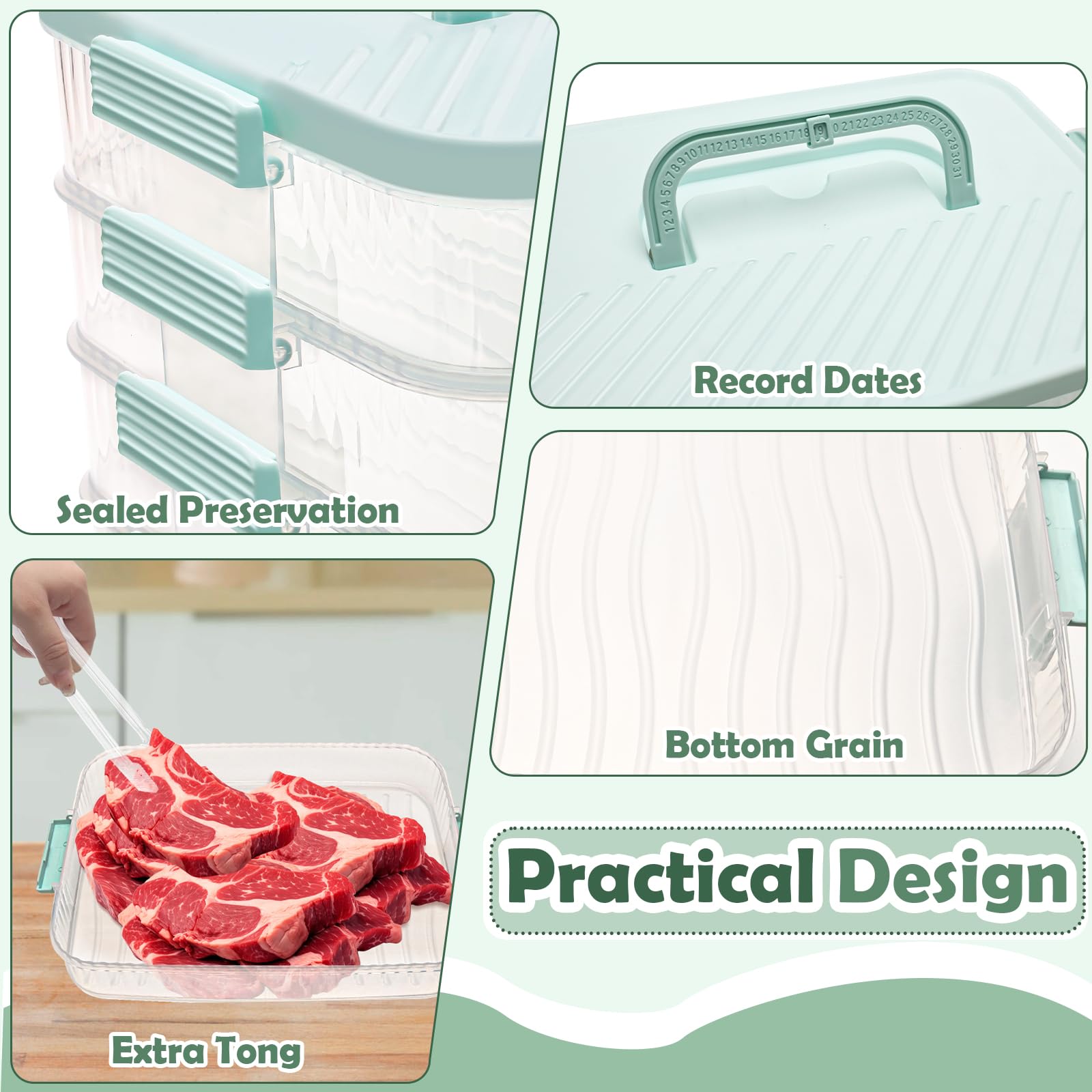 Food Storage Containers, Deli Meat Container for Fridge with Tong Cookie Containers with Lids Airtight Dumplings Freezer Containers for Deli Meat, Seafood, Dumplings, Cheese and Cookies (4 layer)
