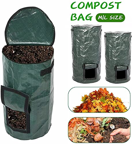 Garden Compost Bag, Outdoor Compost, Reusable Garden Waste Bag with Lid, Collapsible Leaf Lawn Bags (2 Pack 15 Gallon/34 Gallon Multifunction Gardening Container) Green