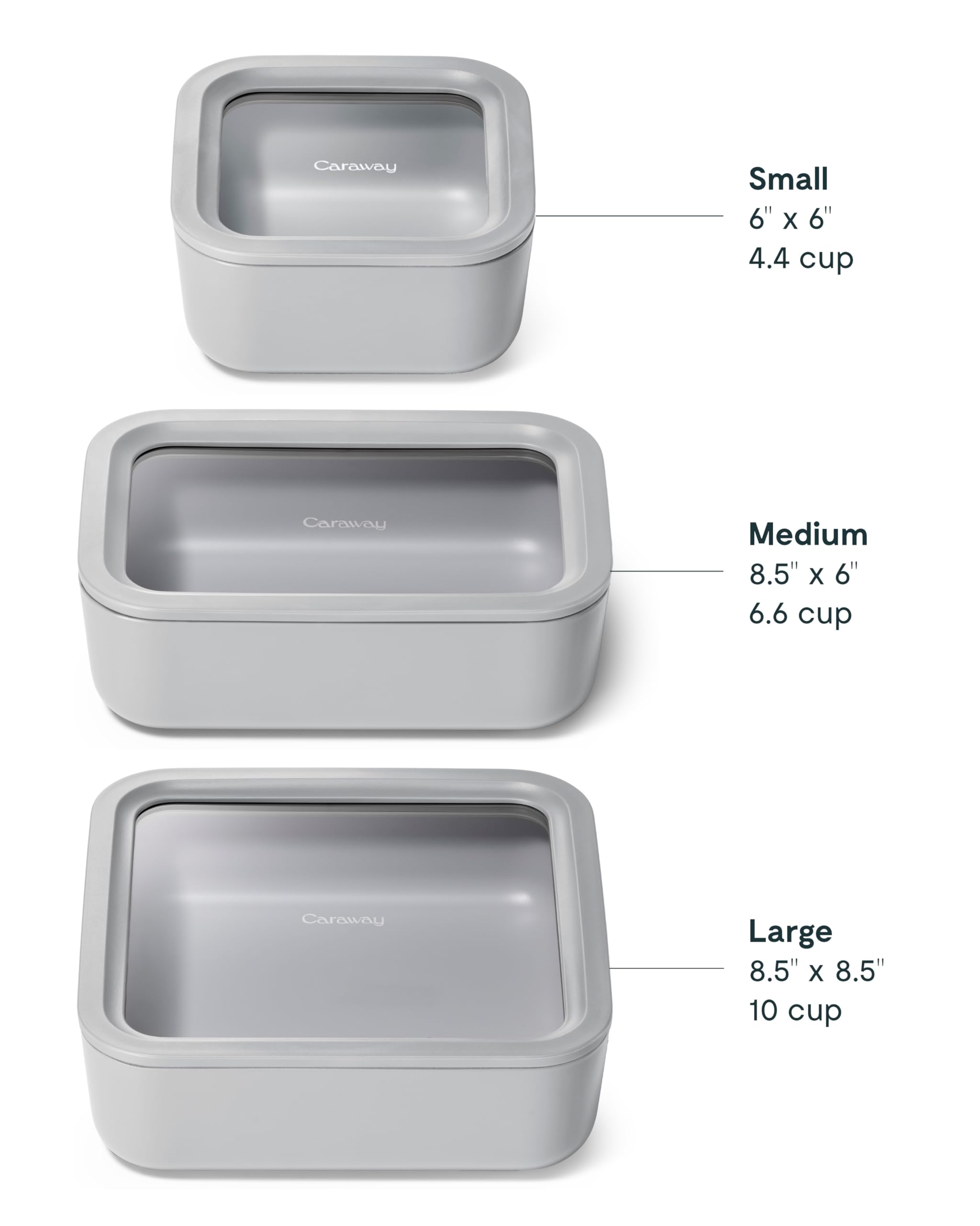Caraway 3pc Glass Food Storage Set – 10 Cup, 6.6 Cup, & 4.4 Cup Food Containers - Ceramic Coated - Non Toxic Non Stick Lunch Box with Glass Lids - Dishwasher, Oven, & Microwave Safe - Gray
