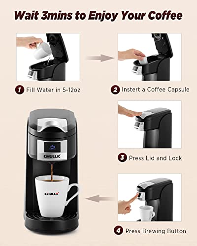 CHULUX Upgrade Single Serve Coffee Maker, 12oz Fast Brewing Machine Brewer Compatible With Pods & Reusable Filter, Auto Shut-Off, One Button Operation, for Hotel, Office, or Travel