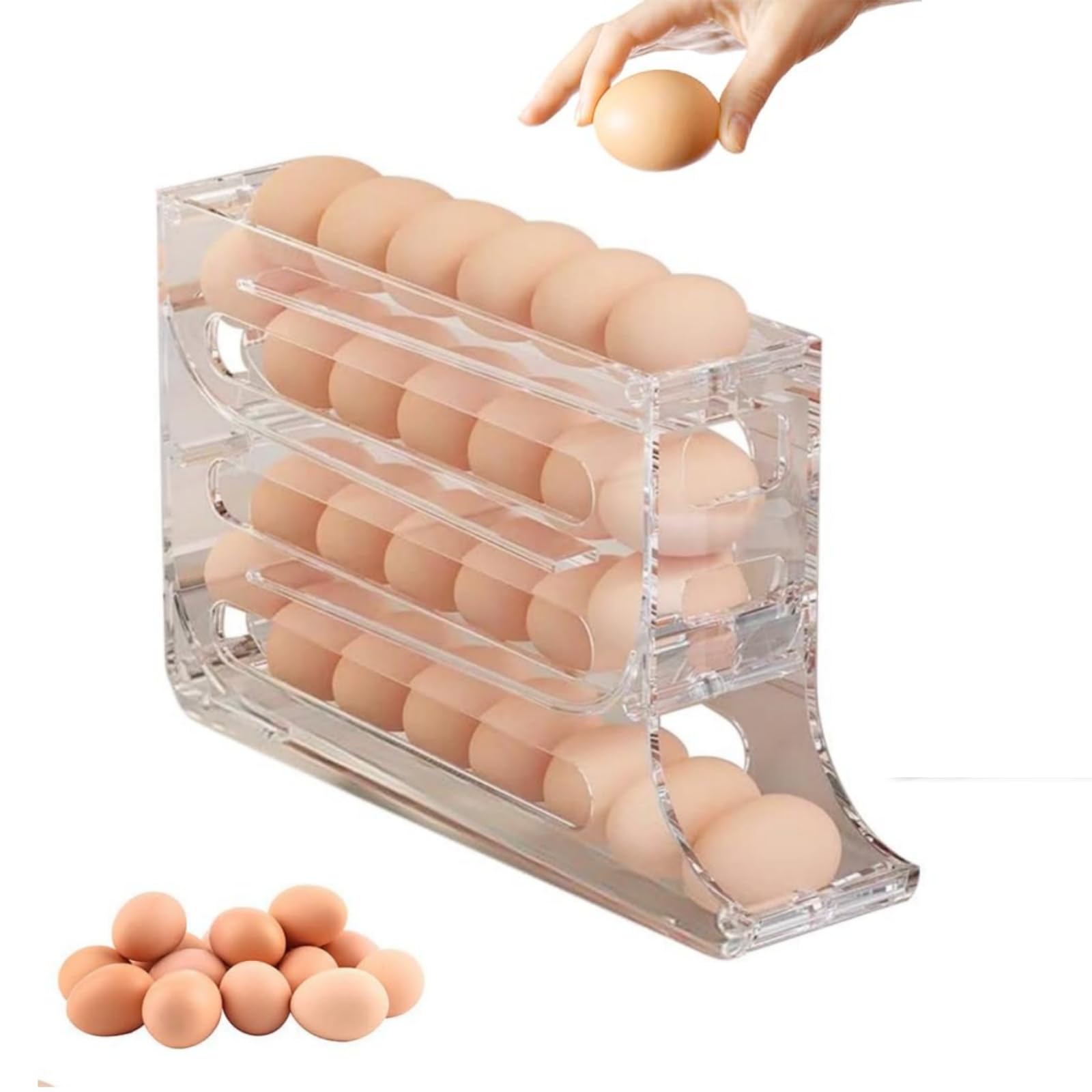 Lshnrd 4 Tiers Egg Holder for Fridge,Auto Rolling Egg Fridge Organizer,Space-Saving Egg Dispenser Holder for Refrigerator,Large Capacity Egg Storage Rack(Transparent)