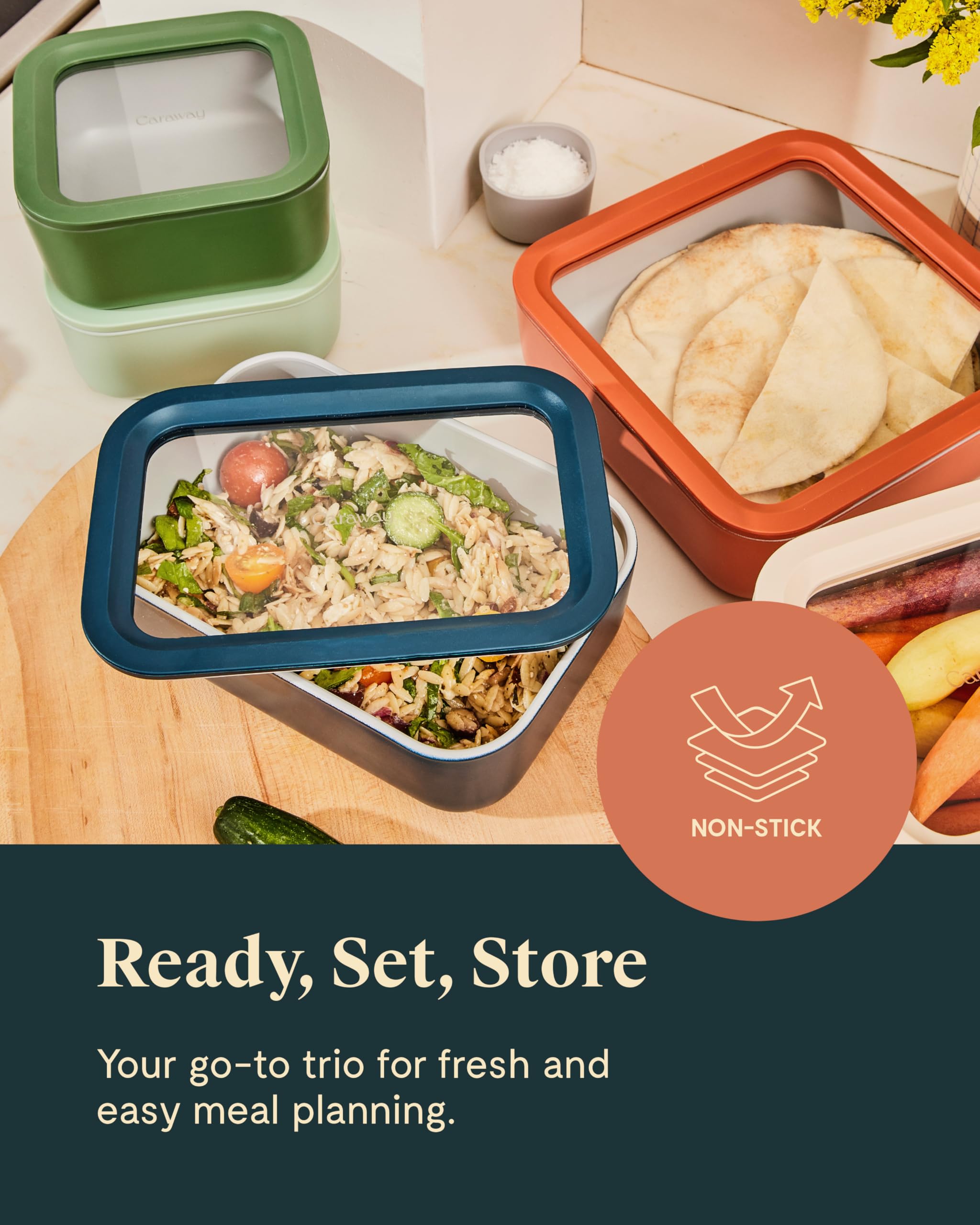 Caraway 3pc Glass Food Storage Set – 10 Cup, 6.6 Cup, & 4.4 Cup Food Containers - Ceramic Coated - Non Toxic Non Stick Lunch Box with Glass Lids - Dishwasher, Oven, & Microwave Safe - Gray