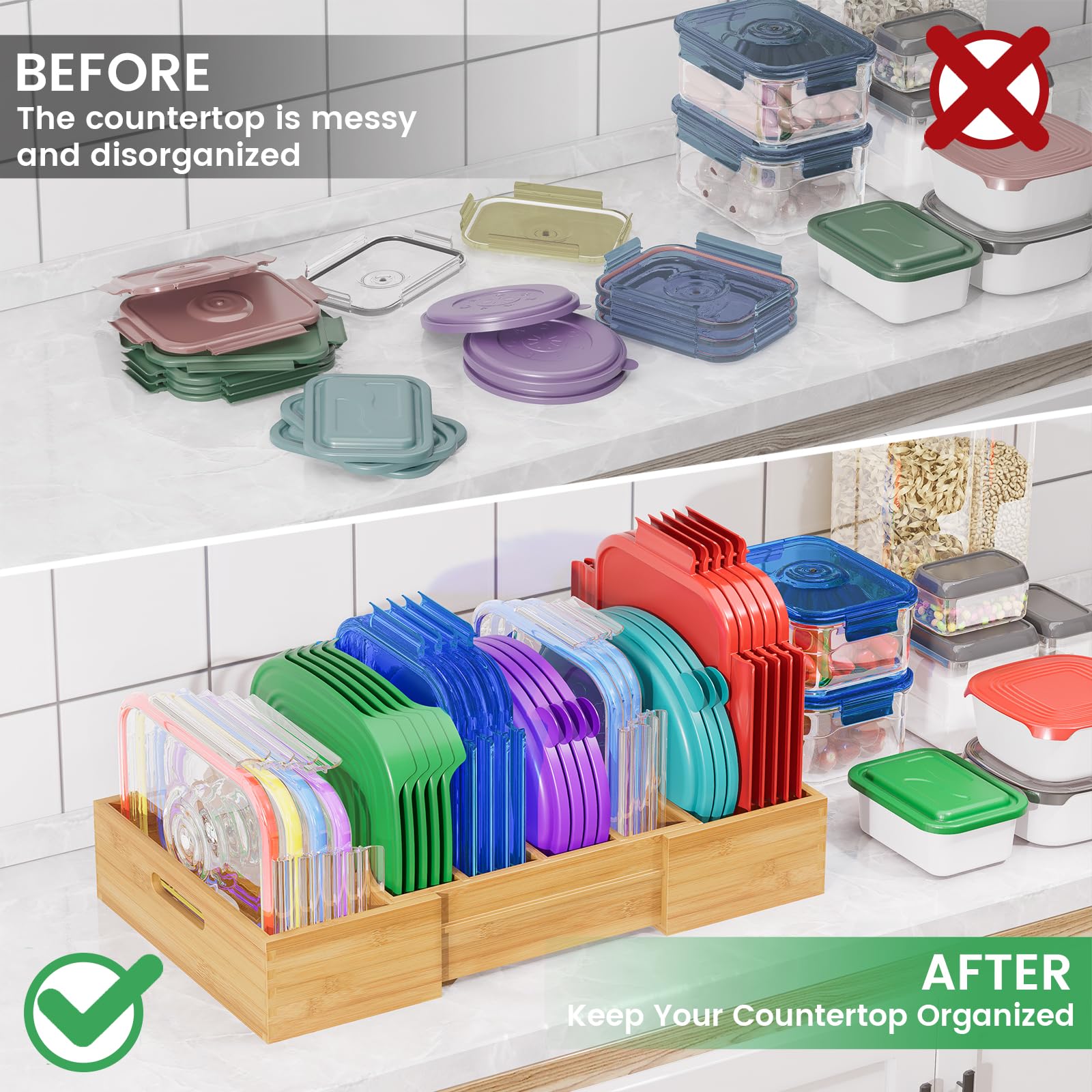 Kiasthome Expandable Bamboo Lid Organizers Inside Cabinet, Kitchen Cabinet Organizers with 3 Adjustable Dividers, Storage Plastic Lids, Food Container Lid Holder Organizer for Drawer Pantry, Nature