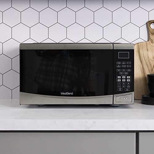 West Bend WBMW92S Microwave Oven 900-Watts Compact with 6 Pre Cooking Settings, Speed Defrost, Electronic Control Panel and Glass Turntable, Metallic