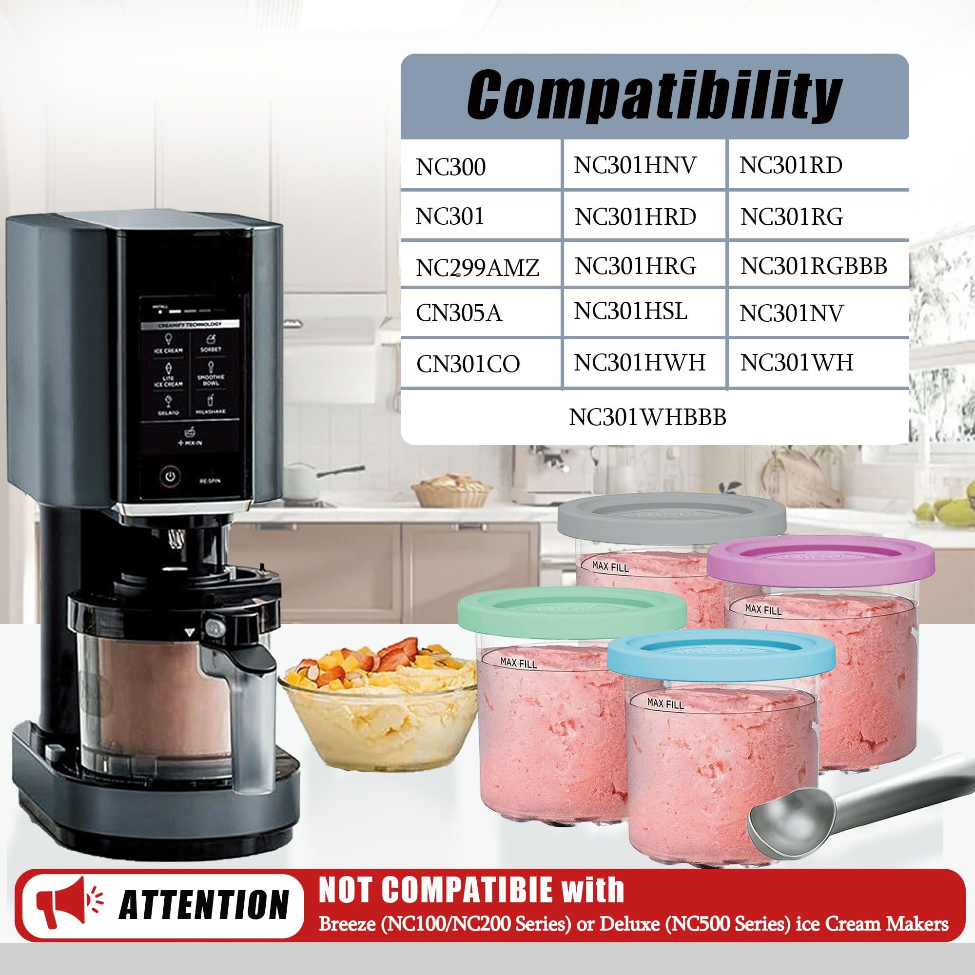 Creami Pints and Lids for Ninja - 4 Pack, 16 oz Cups Compatible with NC299AMZ & NC300s Series Ice Cream Maker Machine, Smoothie Pot Creamy Containers Cups Jars Tubs Canisters Set, Creamer Accessories