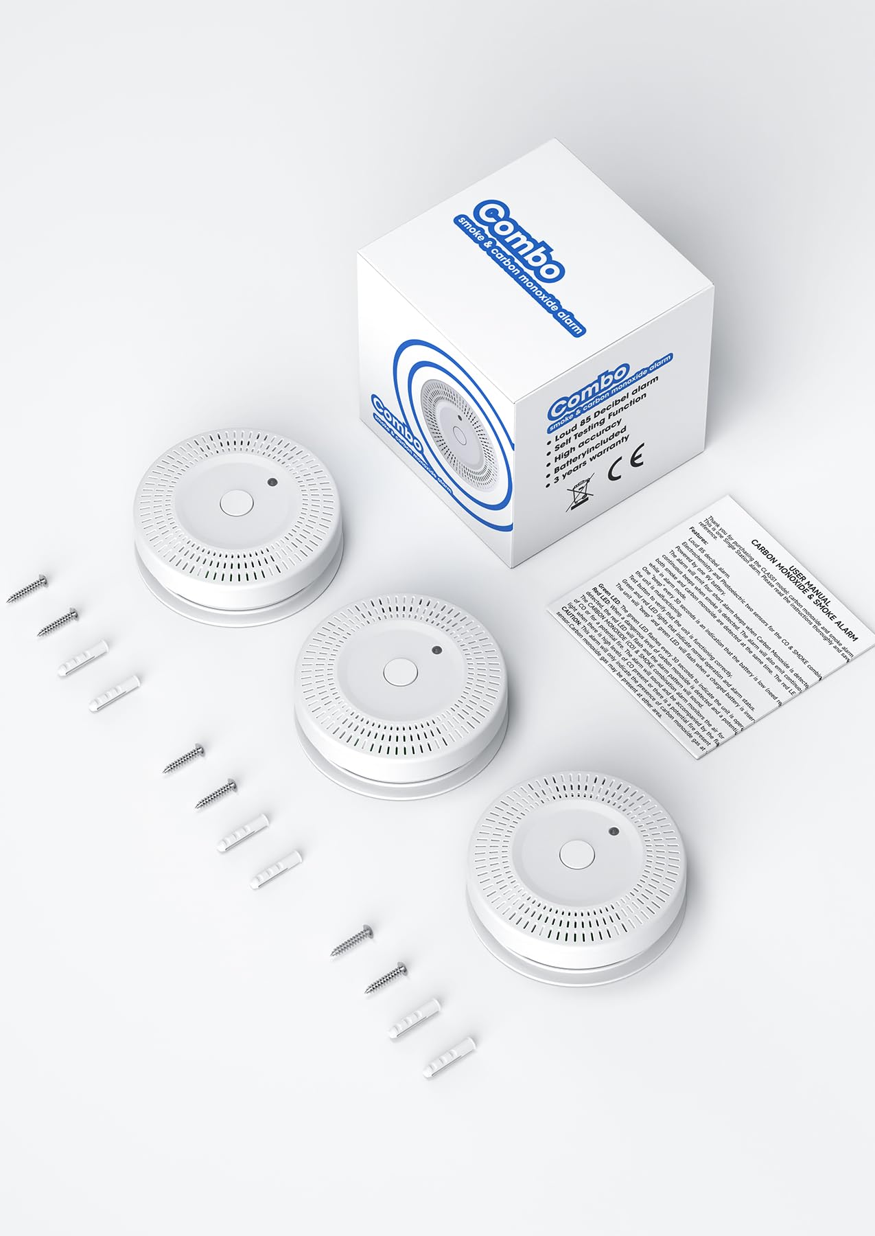 Smoke Detector, Lecoolife, 9V Battery Operated Smoke Alarm with LED Indicator, Silence Button, Battery Powered 10-Year, White, 3 Pack