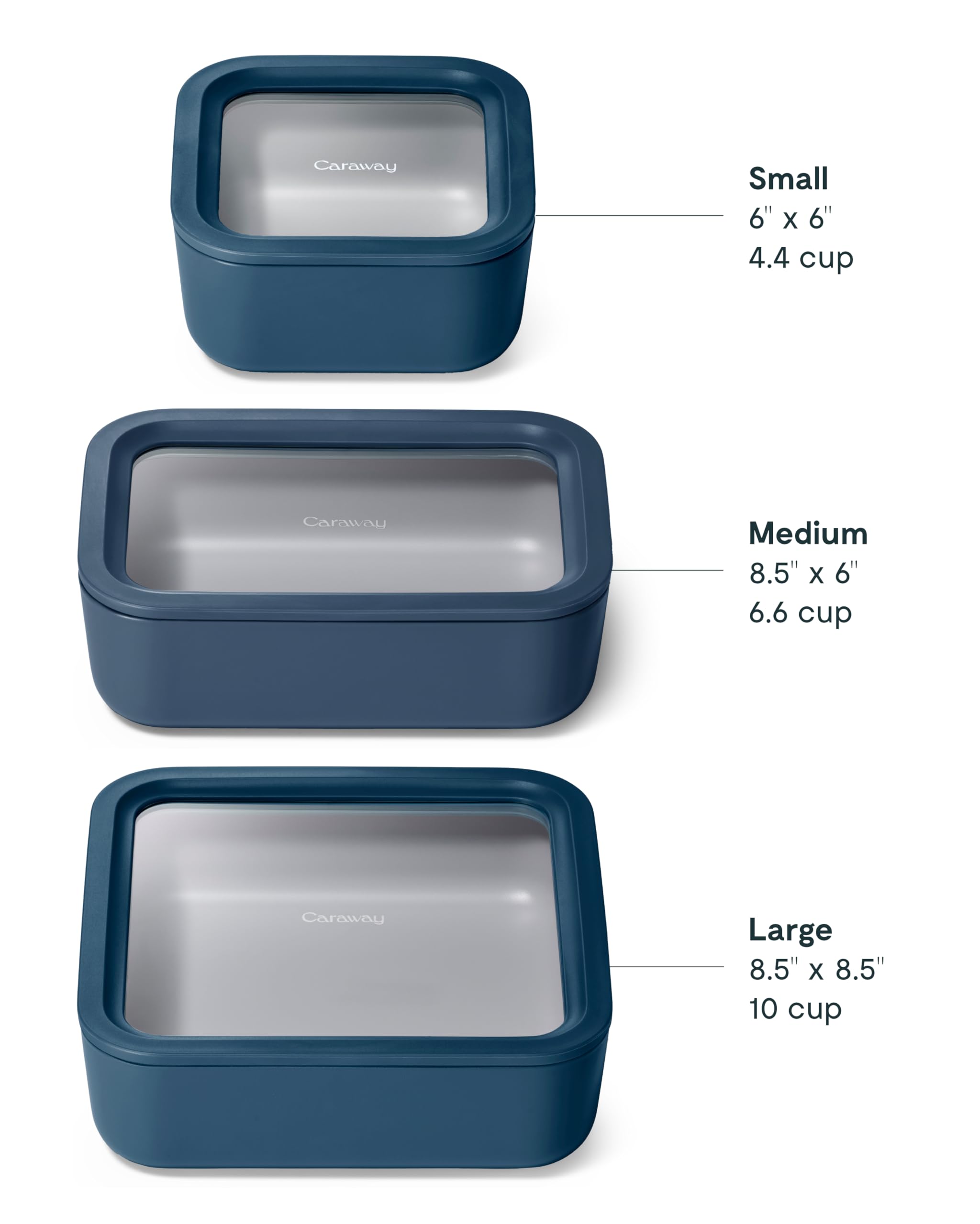 Caraway 3pc Glass Food Storage Set – 10 Cup, 6.6 Cup, & 4.4 Cup Food Containers - Ceramic Coated - Non Toxic Non Stick Lunch Box with Glass Lids - Dishwasher, Oven, & Microwave Safe - Navy