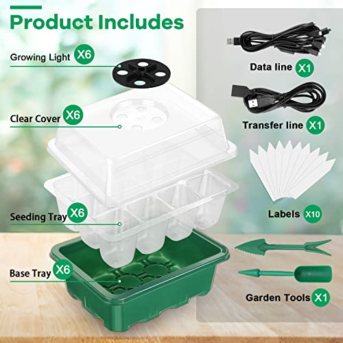【2023 Upgraded】 Seed Starter Tray with Grow Light - 6 Pcs Seed Starter kit, Seedling Starter Trays with Humidity Dome, Mini Germination Kit for Seed Starting(12 Cell Per Tray)