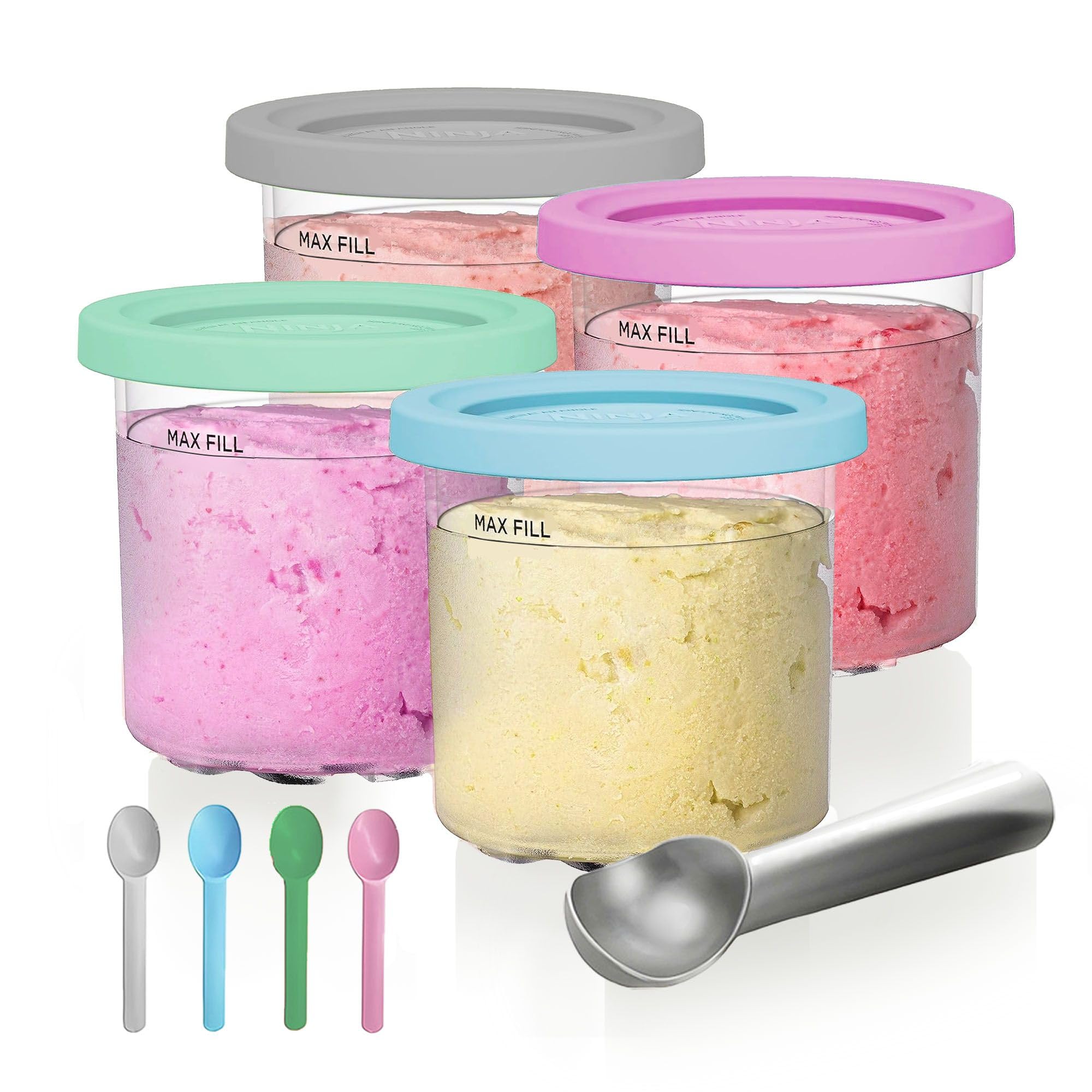 Creami Pints and Lids for Ninja - 4 Pack, 16 oz CupsāCompatible with NC299AMZ & NC300s Series Ice Cream Maker Machine, Smoothie Pot Creamy Containers Cups Jars Tubs Canisters Set, Creamer Accessories