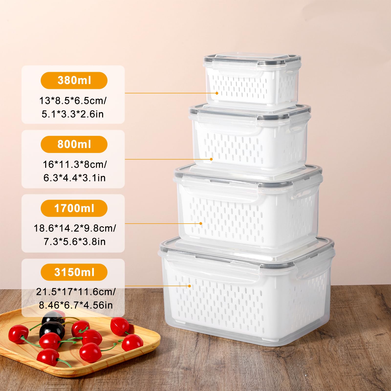 4 Pack Fruit Storage Containers for Fridge with Removable Colanders, Airtight Produce Vegetable Berry Containers for Fridge, All-In-One Food Storage Containers for Washing, Draining, Freshness