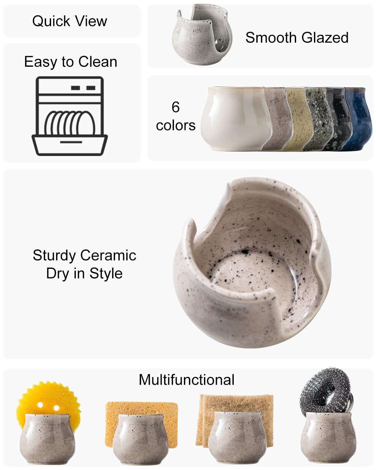 Zoeeker Sponge Holder for Kitchen Sink, Ceramic Dish Sponge Drying Caddy Sponge Rack Kitchen Organizer Cute Kitchen Accessories for Sink Counter, Speckled Glaze