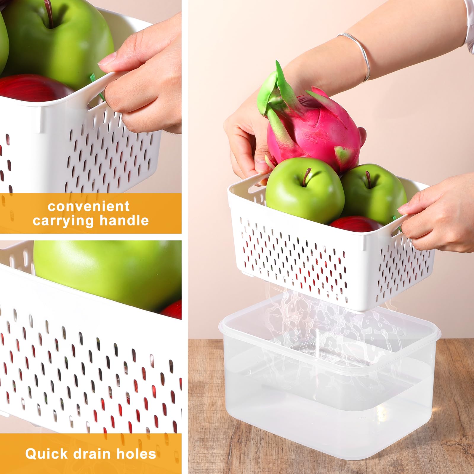 4 Pack Fruit Storage Containers for Fridge with Removable Colanders, Airtight Produce Vegetable Berry Containers for Fridge, All-In-One Food Storage Containers for Washing, Draining, Freshness