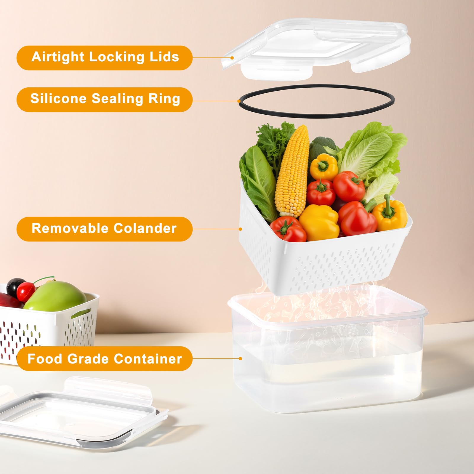 4 Pack Fruit Storage Containers for Fridge with Removable Colanders, Airtight Produce Vegetable Berry Containers for Fridge, All-In-One Food Storage Containers for Washing, Draining, Freshness