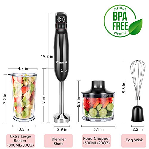 iCucina 4-in-1 Variable Speed Immersion Hand Blender, Powerful 400W DC Motor, One Button Operation Smart Stick Blender with Whisk, Beaker, Chopper attachments, Black