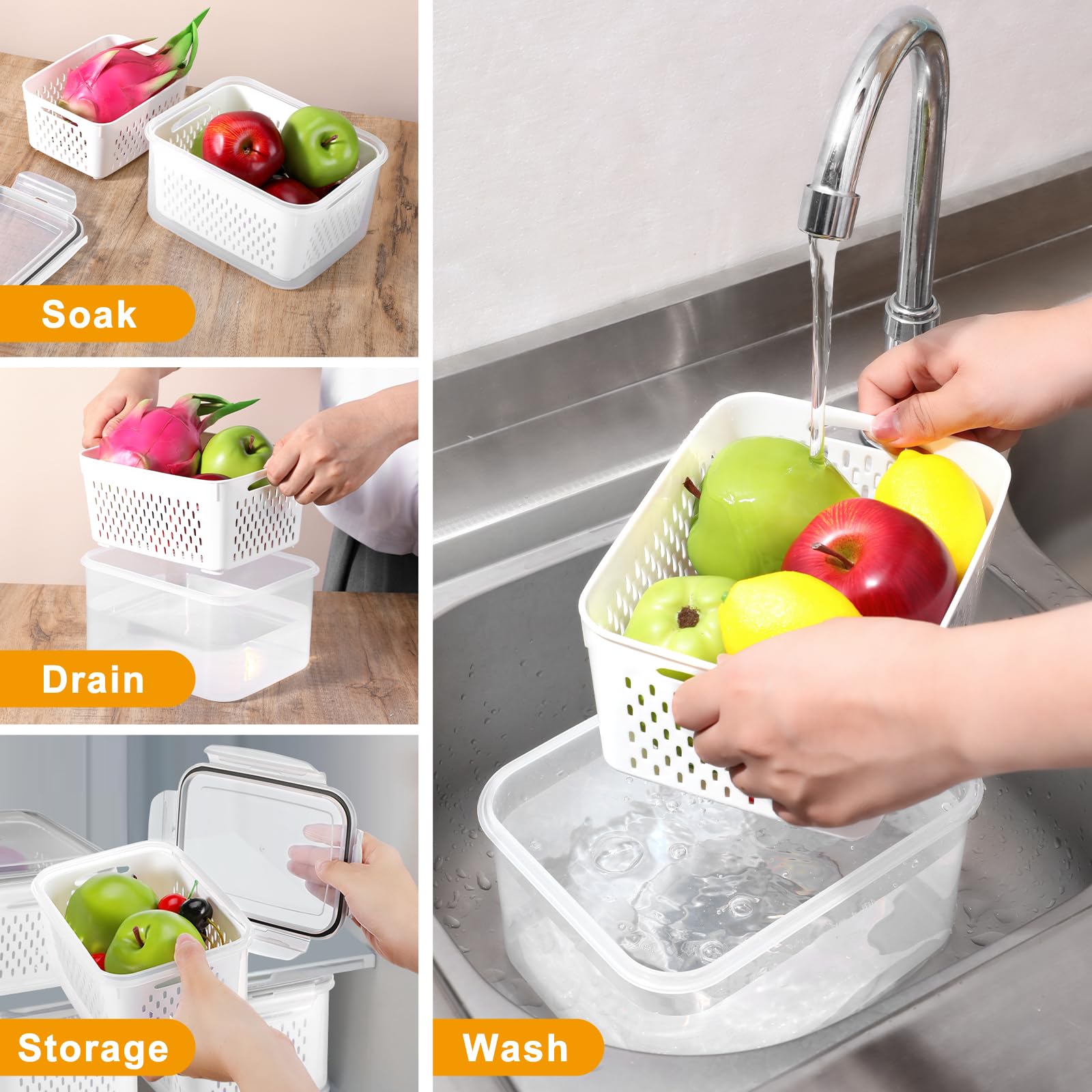 4 Pack Fruit Storage Containers for Fridge with Removable Colanders, Airtight Produce Vegetable Berry Containers for Fridge, All-In-One Food Storage Containers for Washing, Draining, Freshness