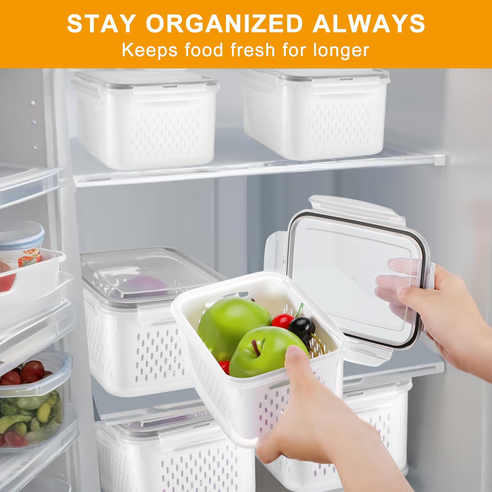 4 Pack Fruit Storage Containers for Fridge with Removable Colanders, Airtight Produce Vegetable Berry Containers for Fridge, All-In-One Food Storage Containers for Washing, Draining, Freshness