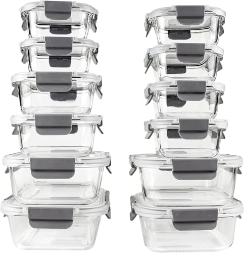 NINJAMO 24 Piece Glass Microwave Dishwasher Safe Storage Prep Meal Containers with Lids Leak Proof (Gray)