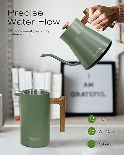 POLIVIAR Electric Gooseneck Kettle, 1200W Electric Tea Kettle Real Wood Handle, 34oz Pour Over Electric Kettle for Coffee & Tea, 18/8 Stainless Steel Inner, Temperature Control & Rapid Heating