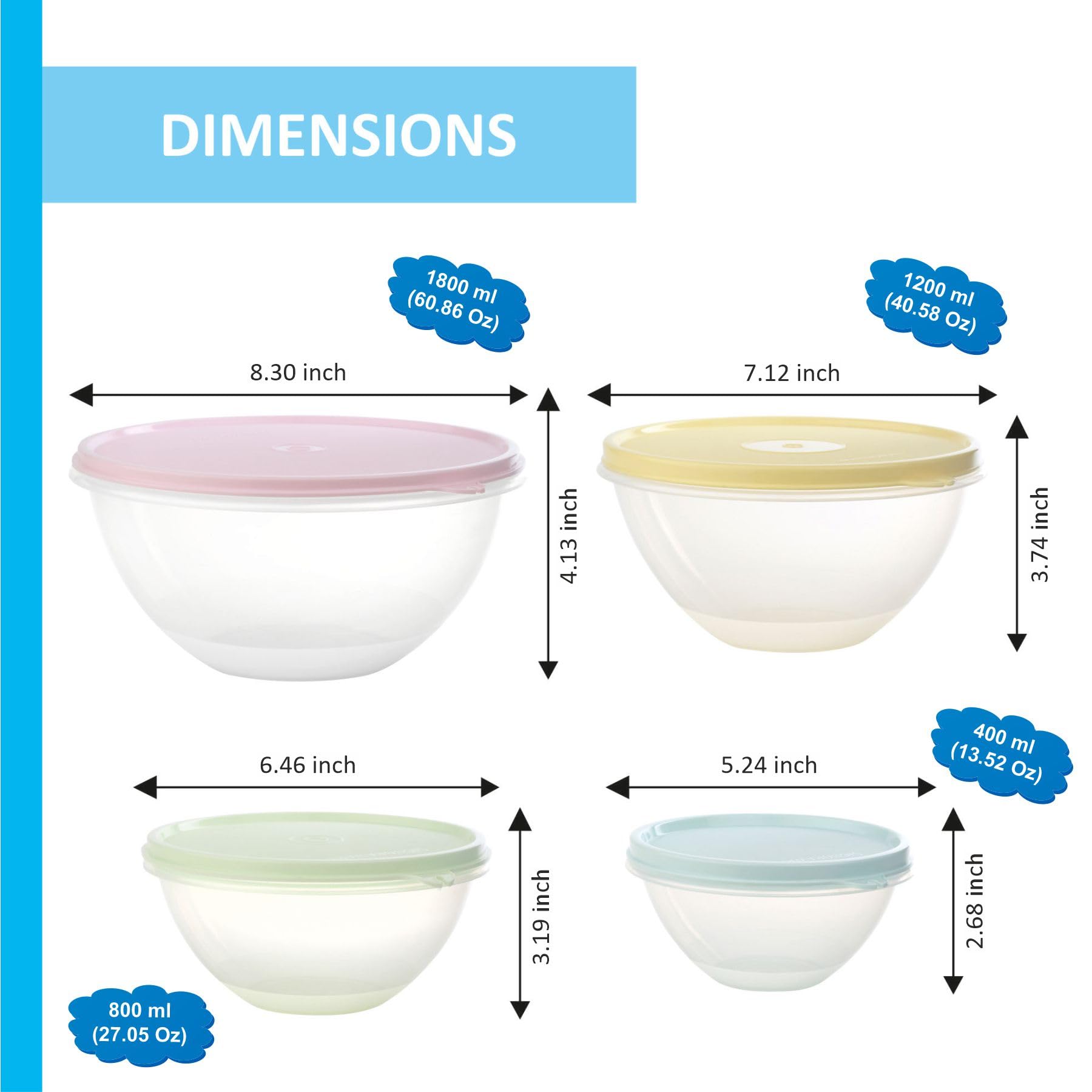 Food Storage Containers with Lids Set of 4 - 60oz, 40oz, 27oz, 13oz Meal Prep Containers Reusable Plastic β Food Safe Round Nesting Bowls with Airtight Leakproof Lids β Freezer and Dishwasher Safe