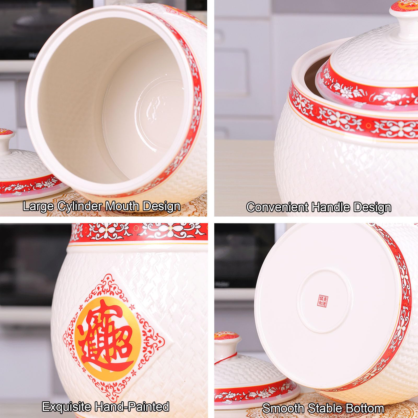 JIXDILO Chinese Ceramic Rice Bucket, Large Grain Dispenser, Food Storage Container with Lid, Sealed Rice Storage Jar for Noodles Rice Snacks(21x24cm(8x9inch), A)