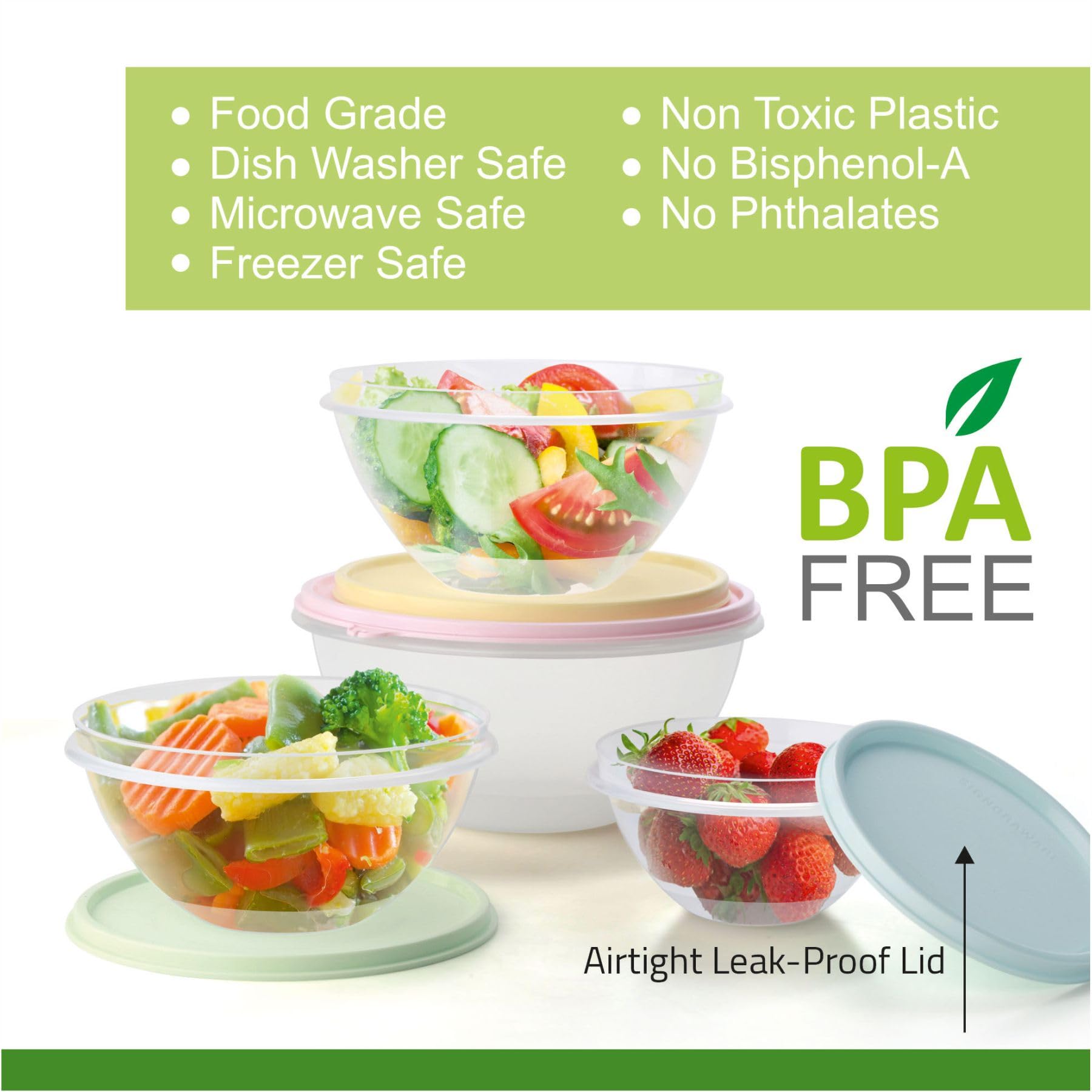 Food Storage Containers with Lids Set of 4 - 60oz, 40oz, 27oz, 13oz Meal Prep Containers Reusable Plastic β Food Safe Round Nesting Bowls with Airtight Leakproof Lids β Freezer and Dishwasher Safe