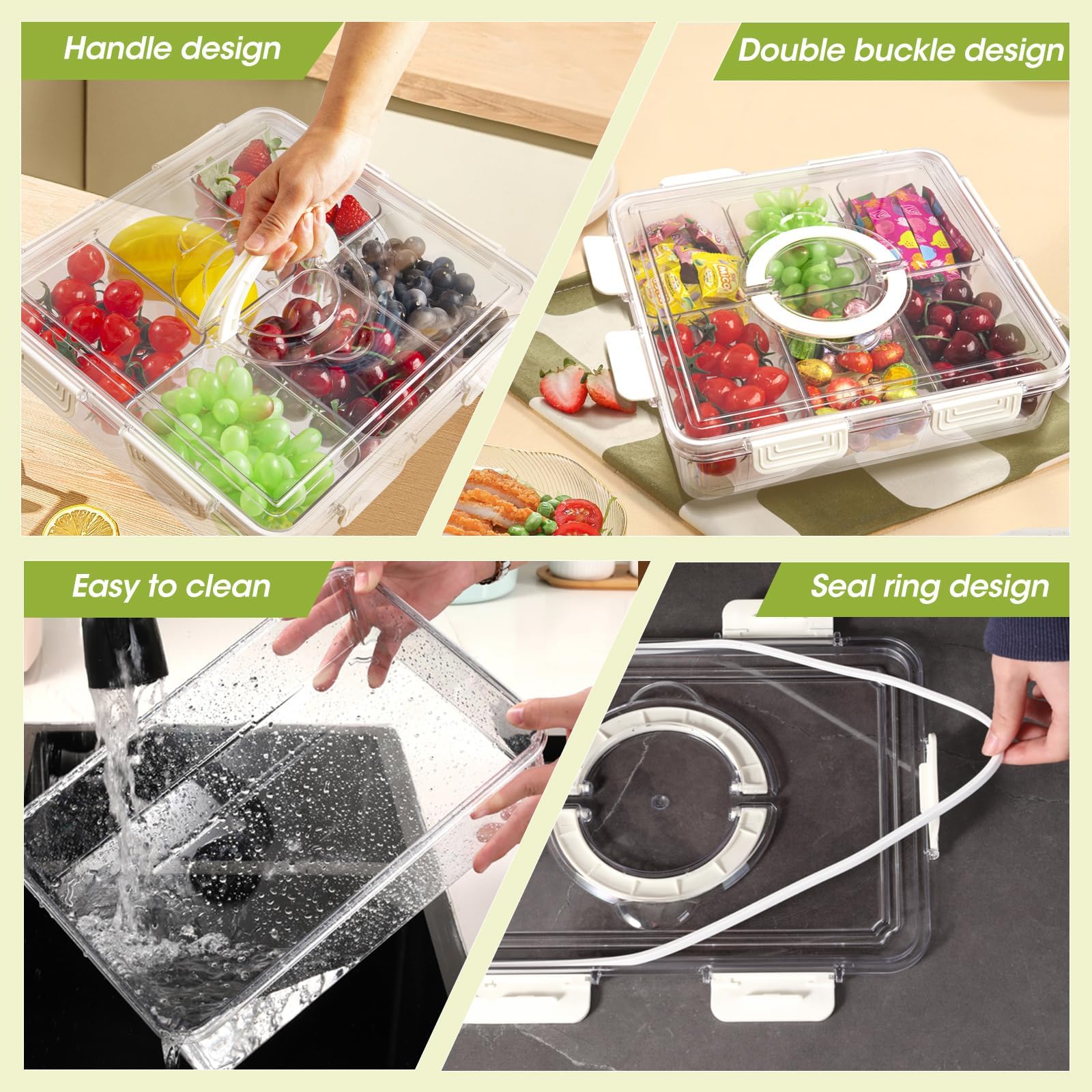 Divided Serving Tray with Lid Handle, Snackle Box Charcuterie Container, 6 Compartment Removable , Airtight Snack Box Container, BPA-Free Fruit Storage Container for Berry, Snack, Candy, Nuts
