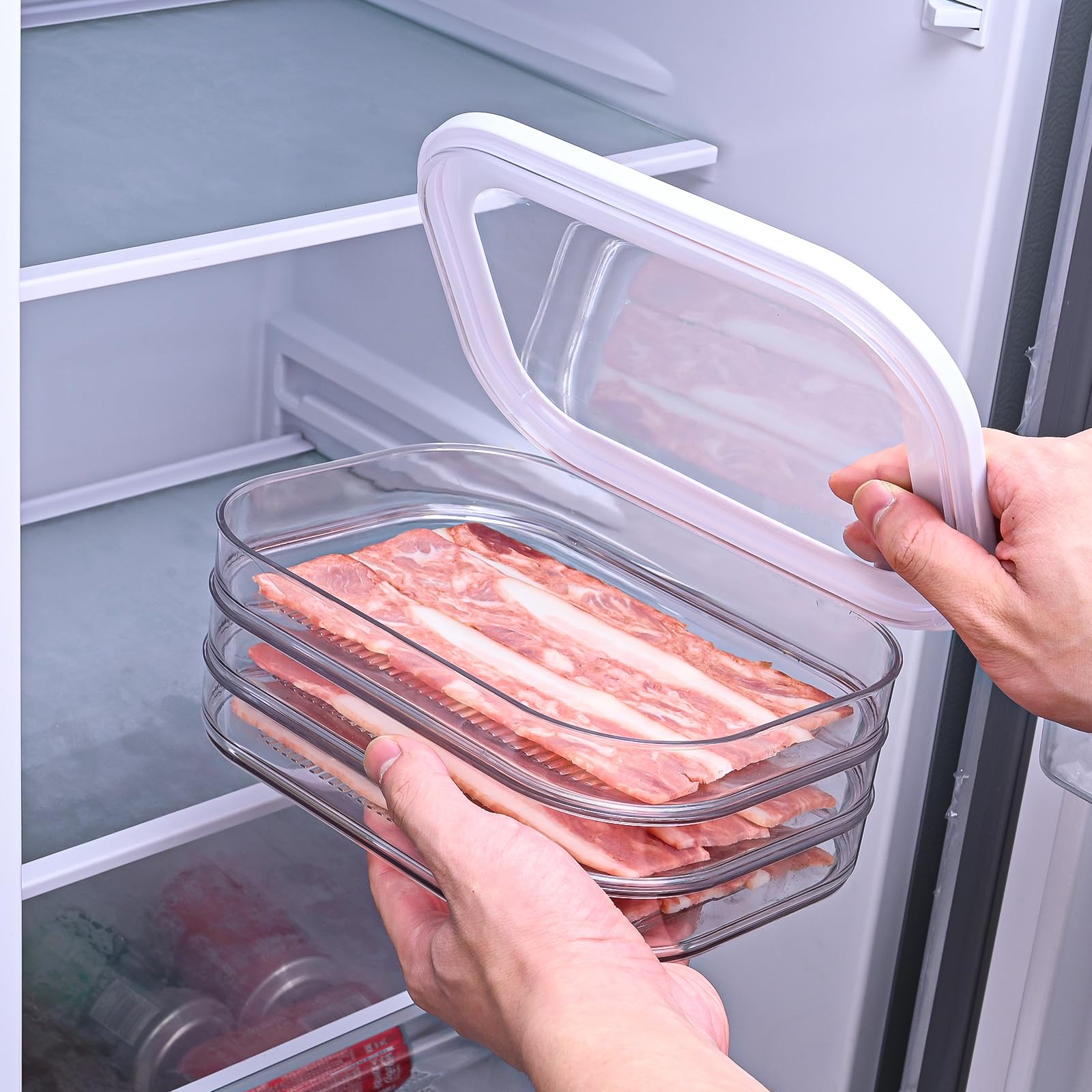 JolliKids 2 Pack Deli Meat Container for Fridge, Organizer Bacon Containers for Refrigerator, Stackable Food Storage Boxes with Lids and Food Tongs for Lunchmeat, Cold Cuts, Salami, BPA Free