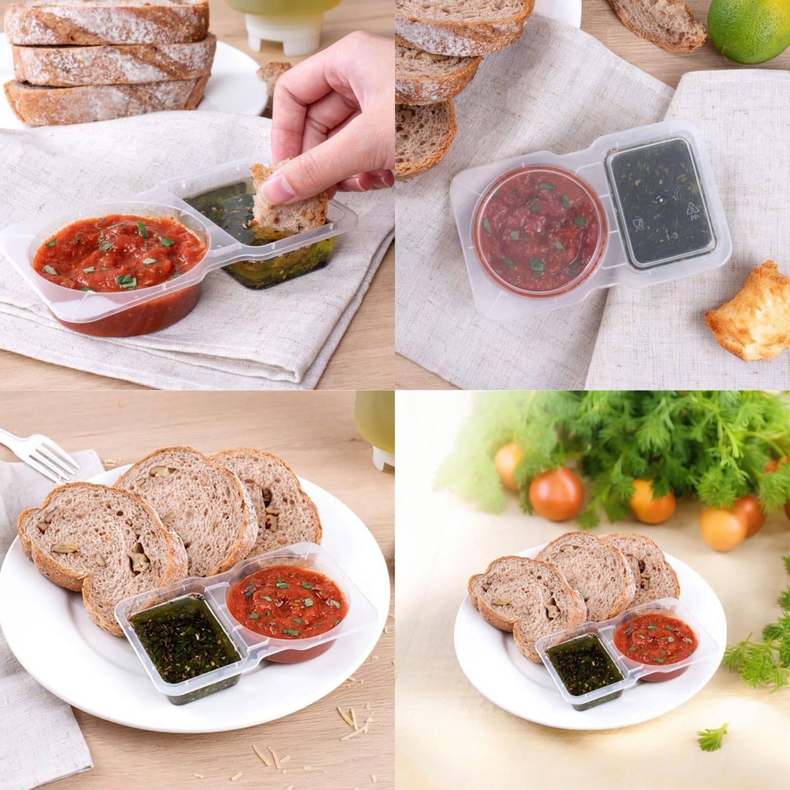 Uioecn 10PCS Double Compartment Condiment Container,Double Compartment Condiment Container with Lids, 2 Compartment Snack Containers, Portable Reusable Sauce Containers