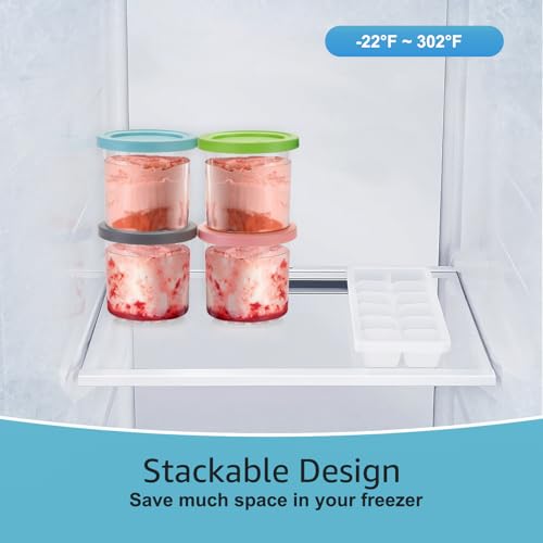 Aelfon Ice Cream Containers for Ninja Creami Pints and Lids 16oz Pint Containers 4Pack Extra Replacement Pints for Ninja Creami NC301, NC300, CN301CO, CN305A Ice Cream Maker(Gray, Green, Pink, Blue)