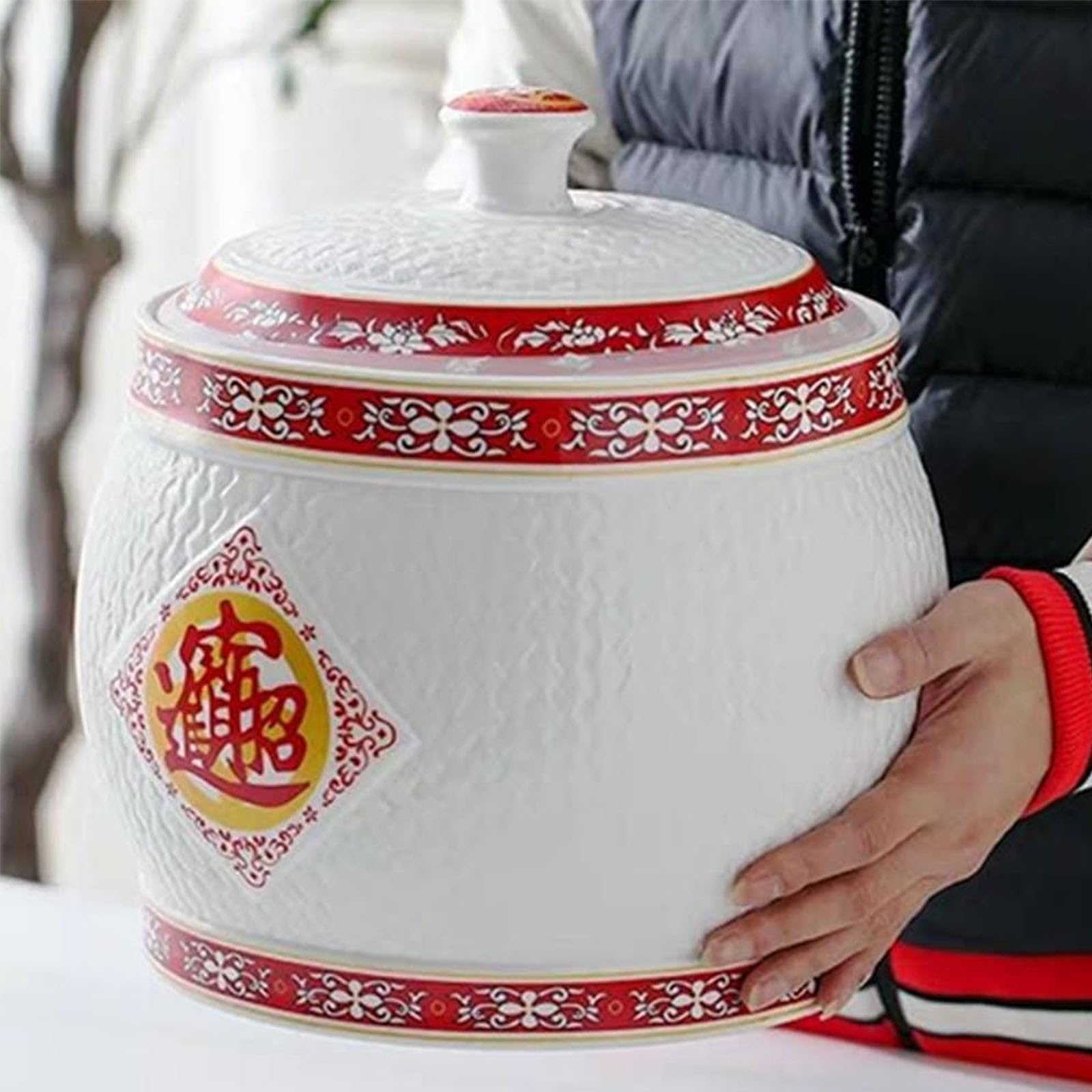 JIXDILO Chinese Ceramic Rice Bucket, Large Grain Dispenser, Food Storage Container with Lid, Sealed Rice Storage Jar for Noodles Rice Snacks(21x24cm(8x9inch), A)