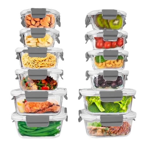 NINJAMO 24 Piece Glass Microwave Dishwasher Safe Storage Prep Meal Containers with Lids Leak Proof (Gray)