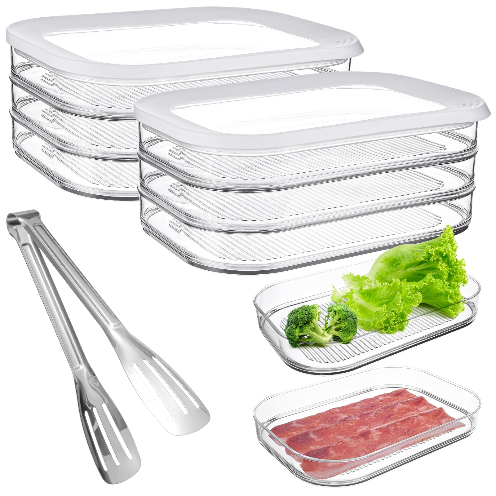 JolliKids 2 Pack Deli Meat Container for Fridge, Organizer Bacon Containers for Refrigerator, Stackable Food Storage Boxes with Lids and Food Tongs for Lunchmeat, Cold Cuts, Salami, BPA Free