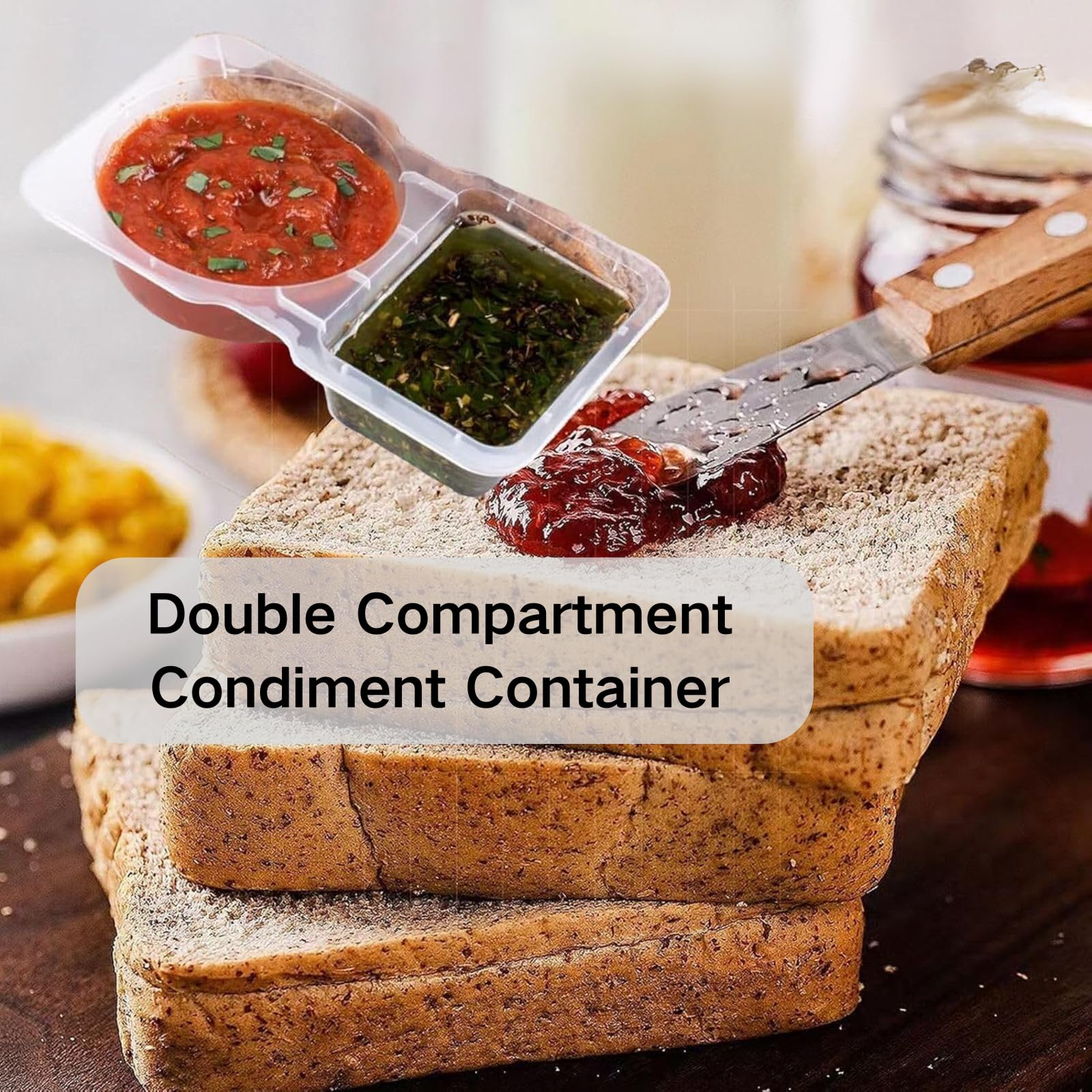 Uioecn 10PCS Double Compartment Condiment Container,Double Compartment Condiment Container with Lids, 2 Compartment Snack Containers, Portable Reusable Sauce Containers