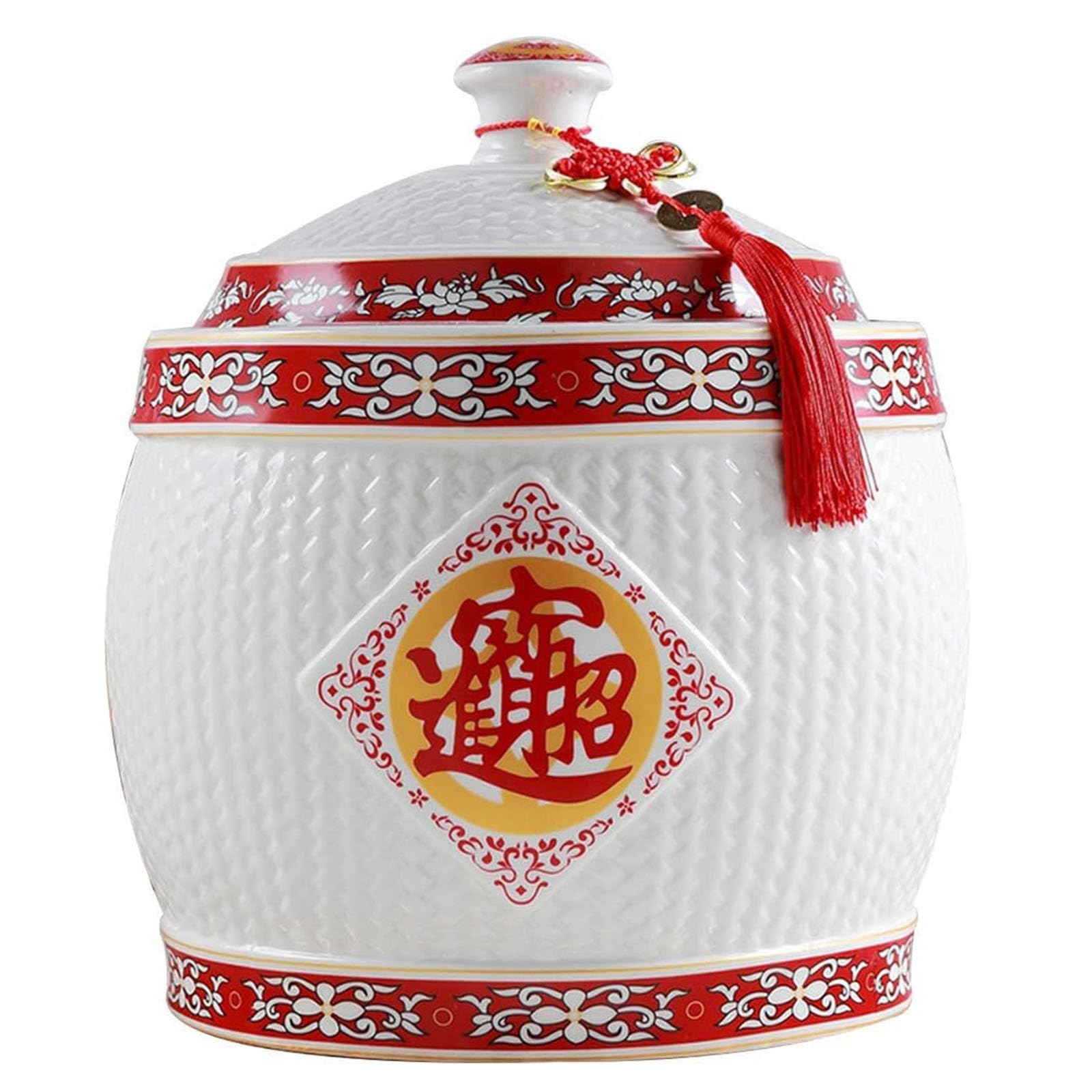 JIXDILO Chinese Ceramic Rice Bucket, Large Grain Dispenser, Food Storage Container with Lid, Sealed Rice Storage Jar for Noodles Rice Snacks(21x24cm(8x9inch), A)