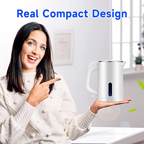 Small Electric Kettle Stainless Steel, 0.8L Portable Travel Kettle with Double Wall Construction, Mini Hot Water Boiler Heater, Electric Tea Kettle for Business Trip, Camping, Travel, Office (White)