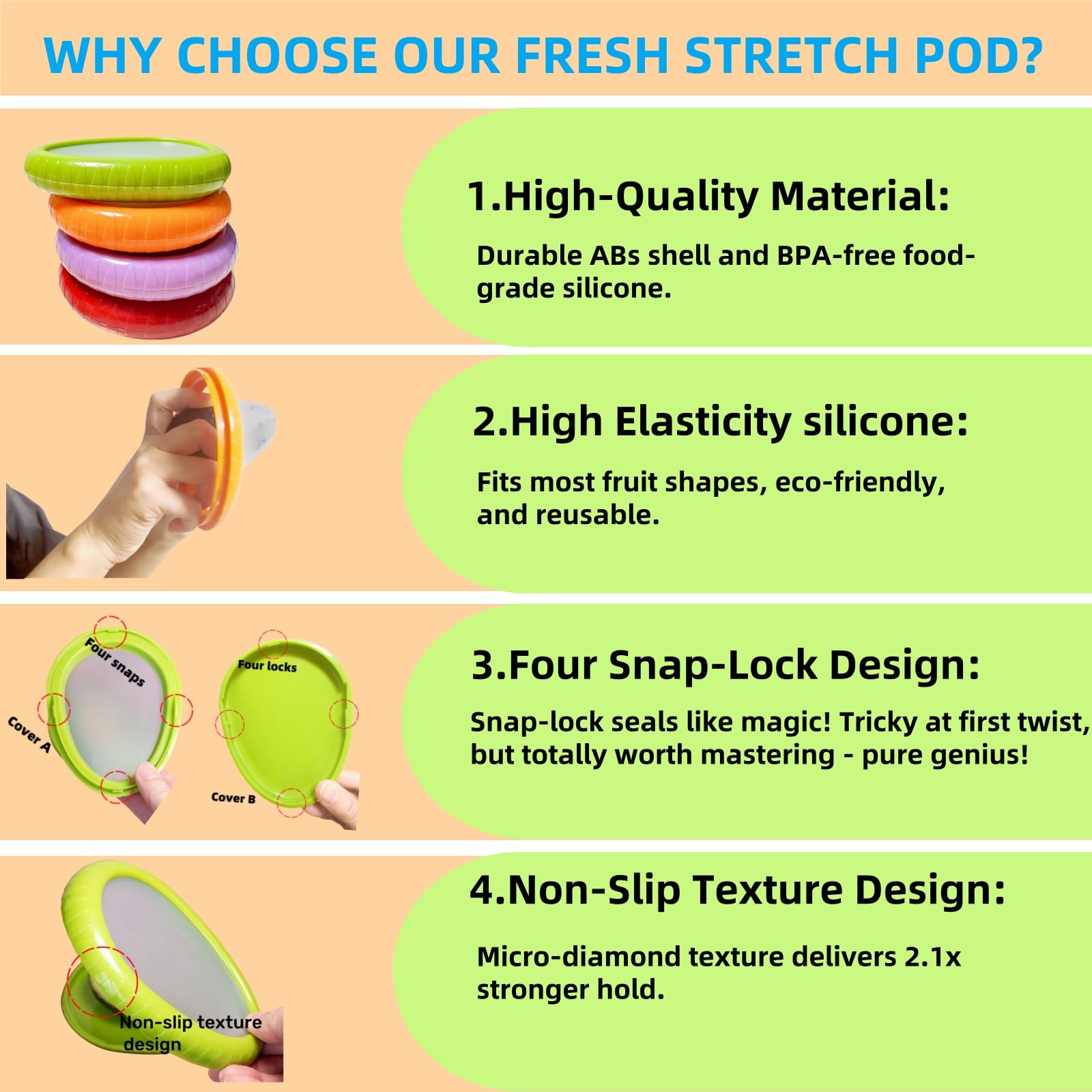 4 Pack Reusable Silicone Food Storage Containers - Avocado Saver & Onion Storage, BPA-Free, Fruit and Vegetable Anti-Oxidation Storage Box, Prevent Flavor Mixing, Fresh Pod for Fridge, Keep Fresh
