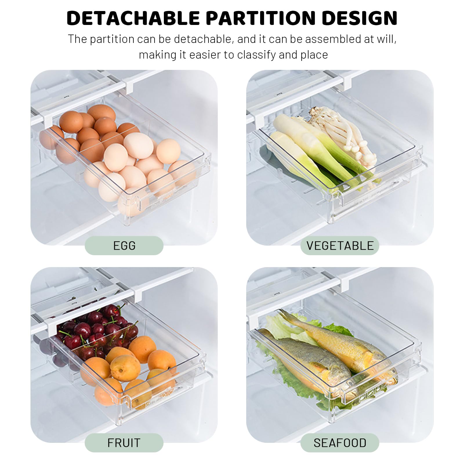 CESHRR Fridge Organizer Drawer, Refrigerator Drawer Organizer, Pull Out with Handle,Pull Out Shelf Storage Transparent Organizer for Egg,Fruit,Vegetable,Seafood,Beef-4 compartments